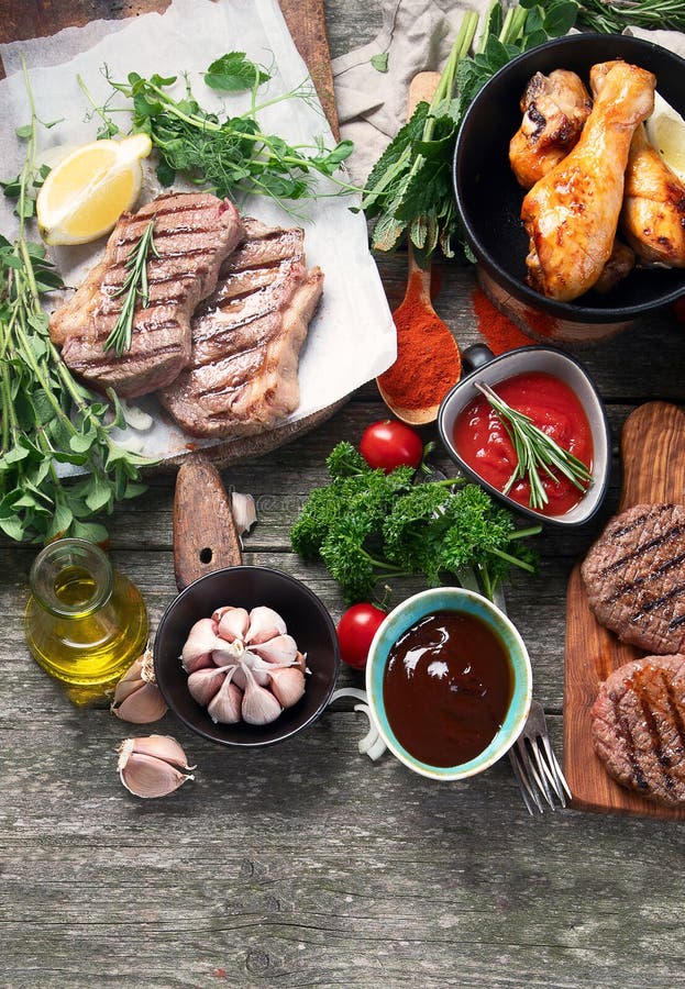 Grilled Meat on Rustic Wooden Table Stock Image - Image of meal, fresh ...