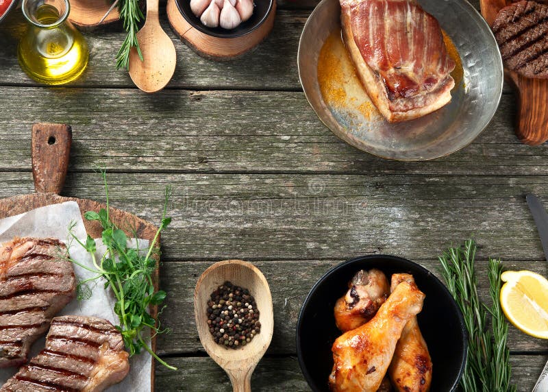 Grilled Meat on Rustic Wooden Table Stock Image - Image of preparation ...