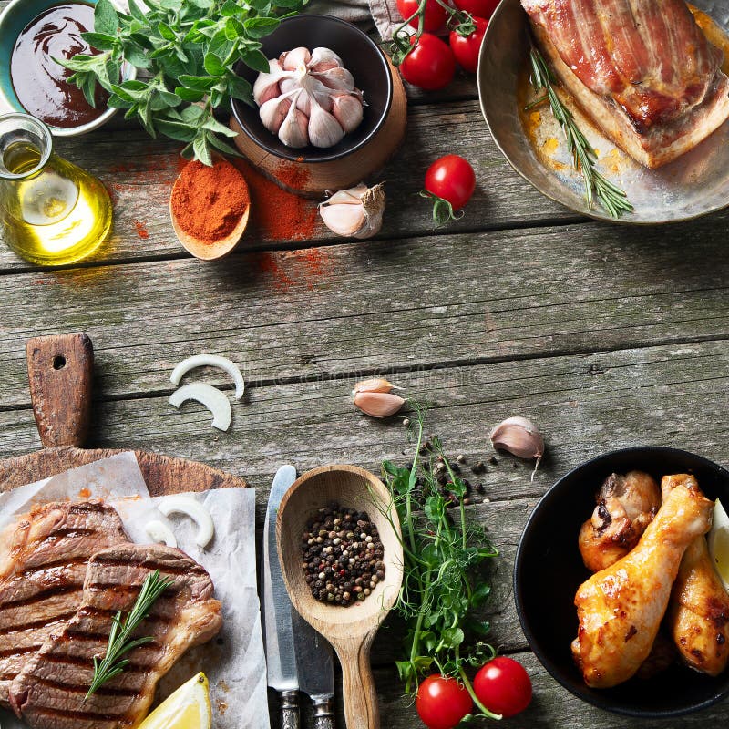 Grilled Meat on Rustic Wooden Table Stock Photo - Image of assortment ...
