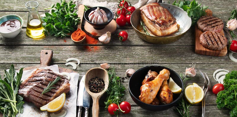 Grilled Meat on Rustic Wooden Table Stock Photo - Image of beef, green ...