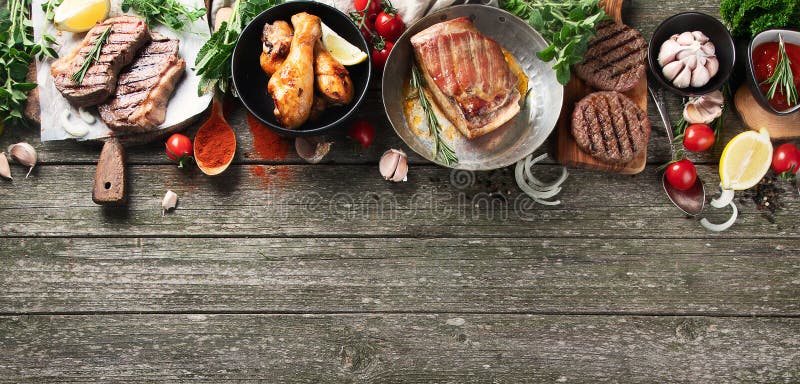 Grilled Meat on Rustic Wooden Table Stock Image - Image of fresh, green ...