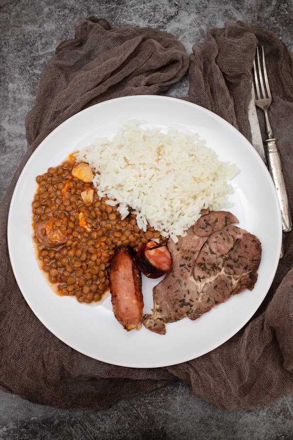 Grilled Meat, Sausage, Lentils and Boiled Rice Stock Image - Image of ...