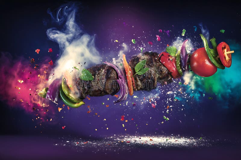 Exploding Kebab with Vegetables and Smoke Stock Photo - Image of food ...