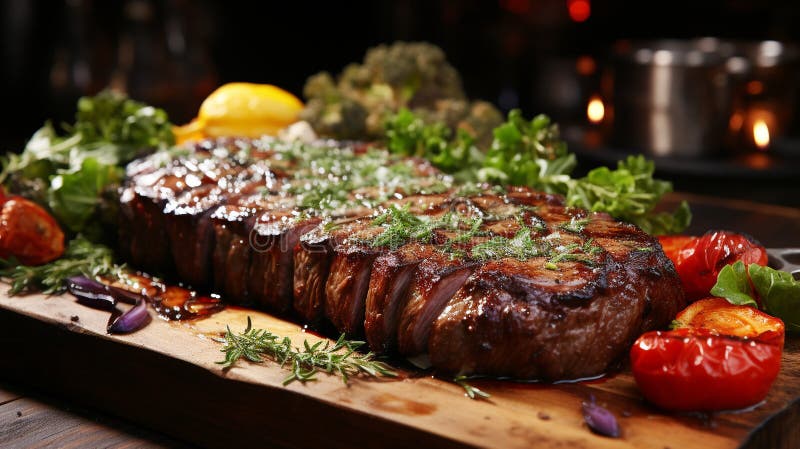 Grilled Meat Slice on Rustic Wood Table Ready To Eat Main Course Stock ...