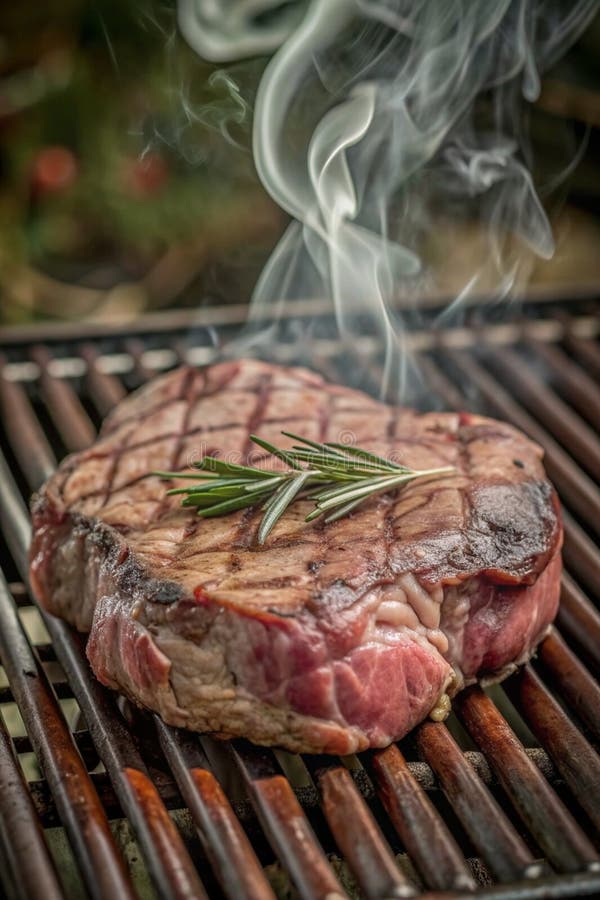 Grilled Meat Steak with a Branch of Rosemary, on a Grill Grid Stock ...