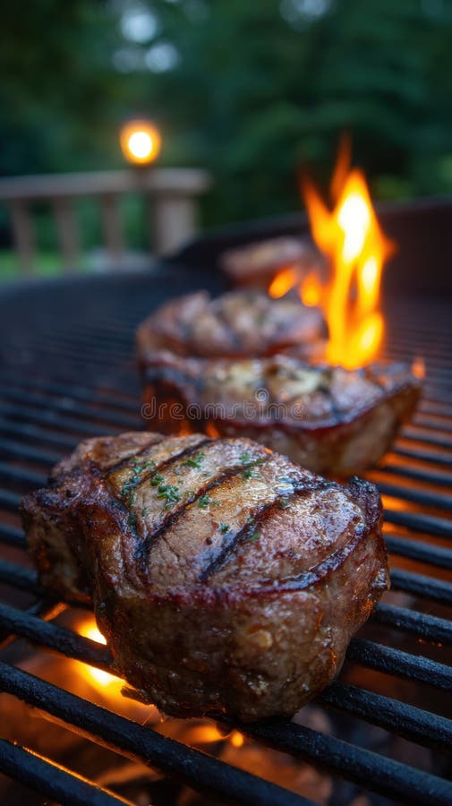 Grilled Meat Steaks Cooking Bbq Flames Outdoor Setting Stock Photos ...
