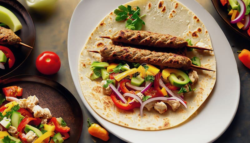 Grilled Meat on a Stick in Arabic Bread Stock Illustration ...