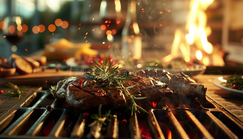 Grilled Meat on Table, Flame Adds Gourmet Celebration Indoors Stock ...
