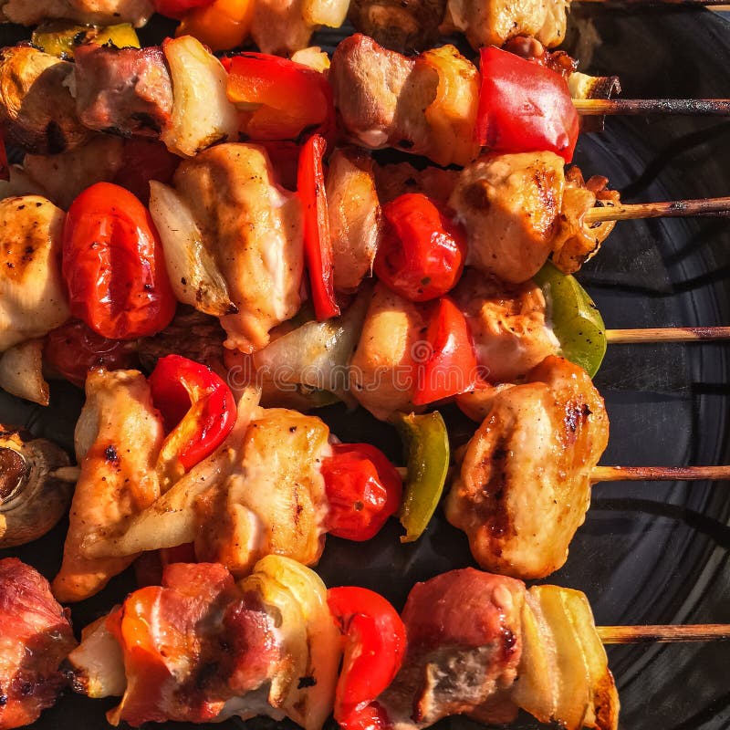 Meat And Vegetable Skewers On A Barbecue Grill Stock Image - Image of ...