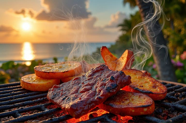 Grilled Meat and Vegetables on Barbecue at Sunset Beach Stock Photo ...