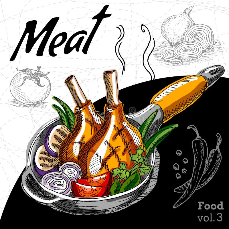 Grilled Meat with Vegetables in a Hot Pan. Stock Vector - Illustration ...