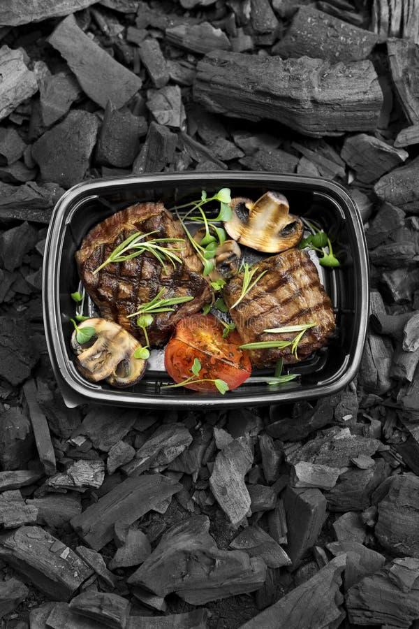 Grilled Meat with Vegetables from Restaurant Delivery Stock Image ...