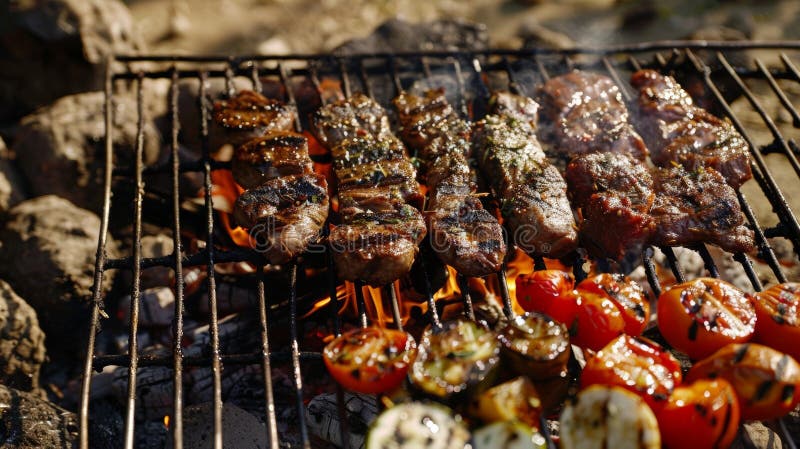 Grilled Meat and Vegetables Seasoned with Local Es Sizzle on a Hot Open ...