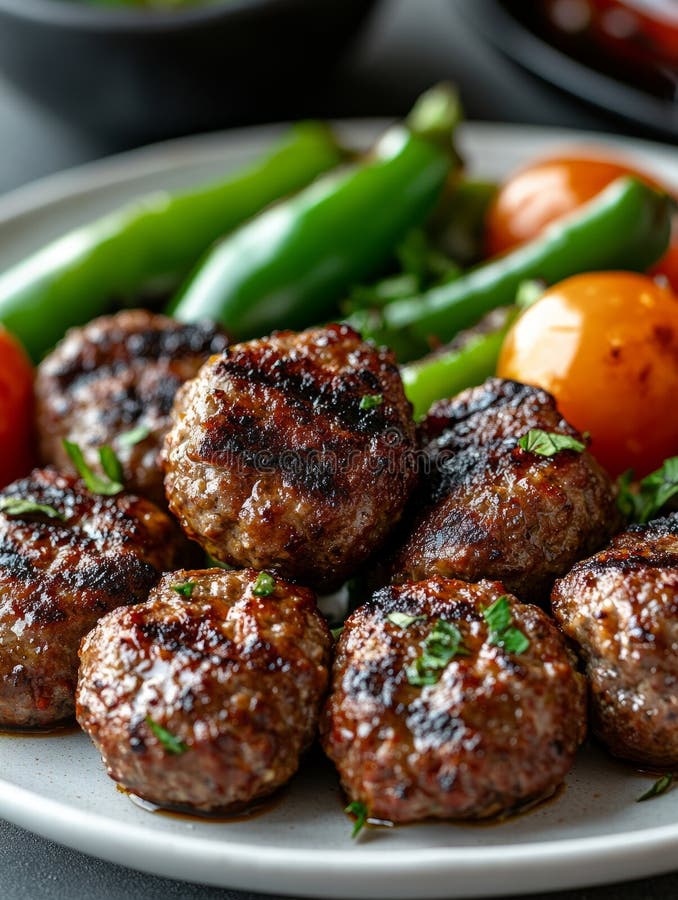 Grilled Meatballs with Peppers and Tomatoes on a Plate. Stock Photo ...