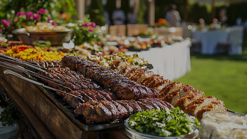 Grilled Meats and Vegetables at an Outdoor Buffet Stock Illustration ...