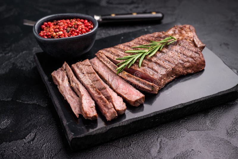Grilled Medium Beef Rump Steak on Marble Board. Black Background Stock ...