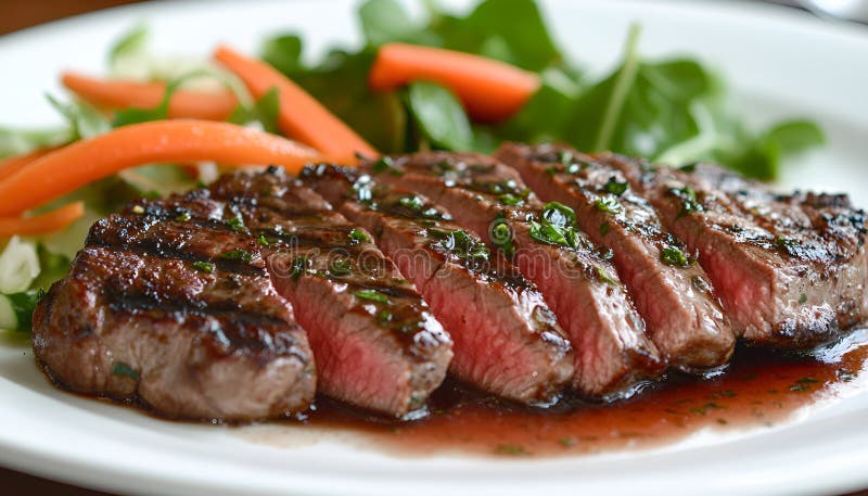 Grilled Medium Rare Beef with Fresh Vegetable Salad and Herb Garnish on ...