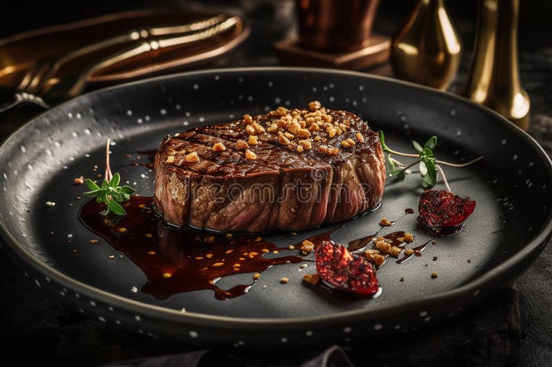 Grilled Medium Rare Beef Steak Served on Black Dish with Herbs. Stock ...