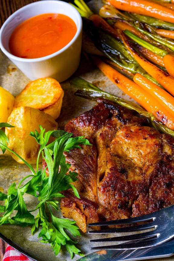 Grilled Neck Chops with Caramelized Vegetables Stock Photo - Image of ...