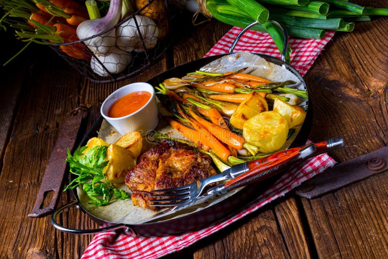 Grilled Neck Chops with Caramelized Vegetables Stock Photo - Image of ...