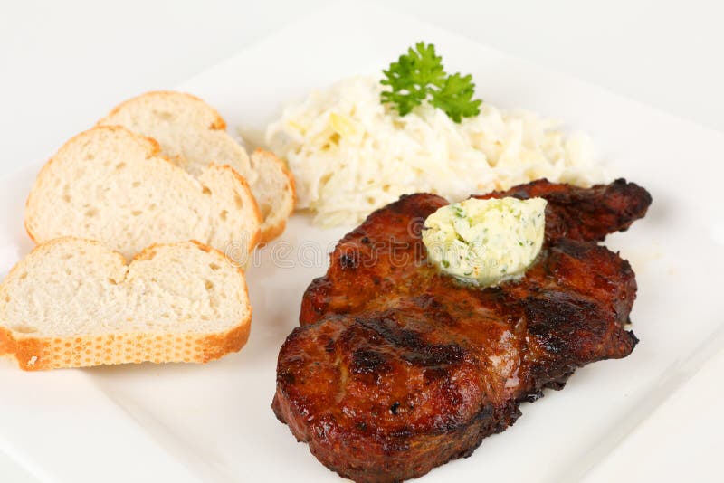 Grilled Neck Steak with Coleslaw Stock Image - Image of garlic, plate ...