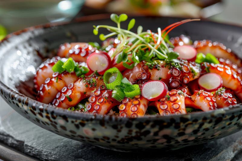 Grilled Octopus Garnished with Radishes and Microgreens Stock Photo ...