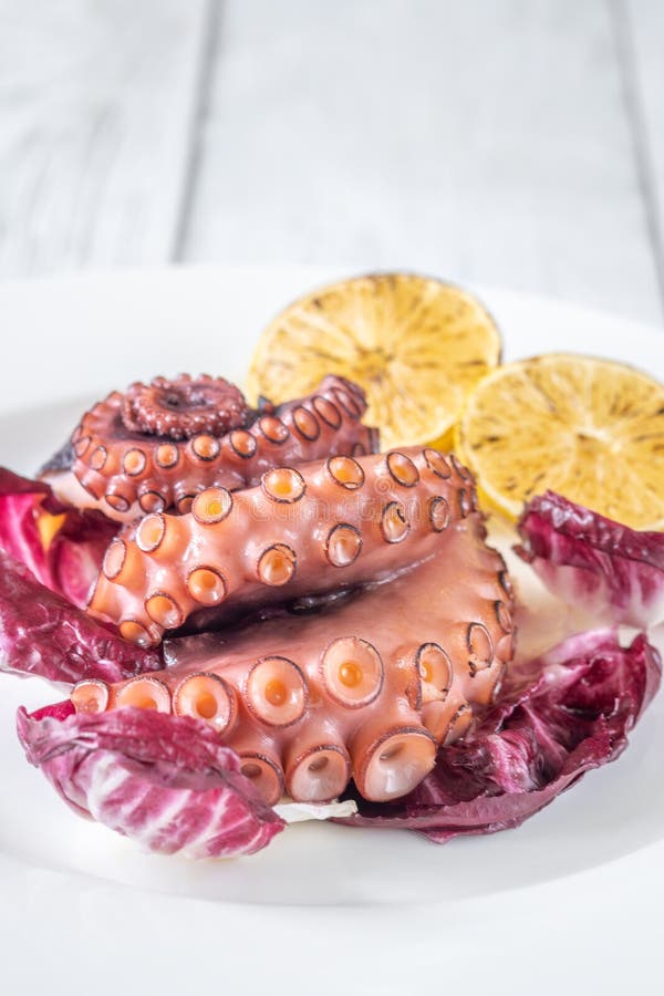 Grilled Octopus with lemon stock photo. Image of onion - 341955462