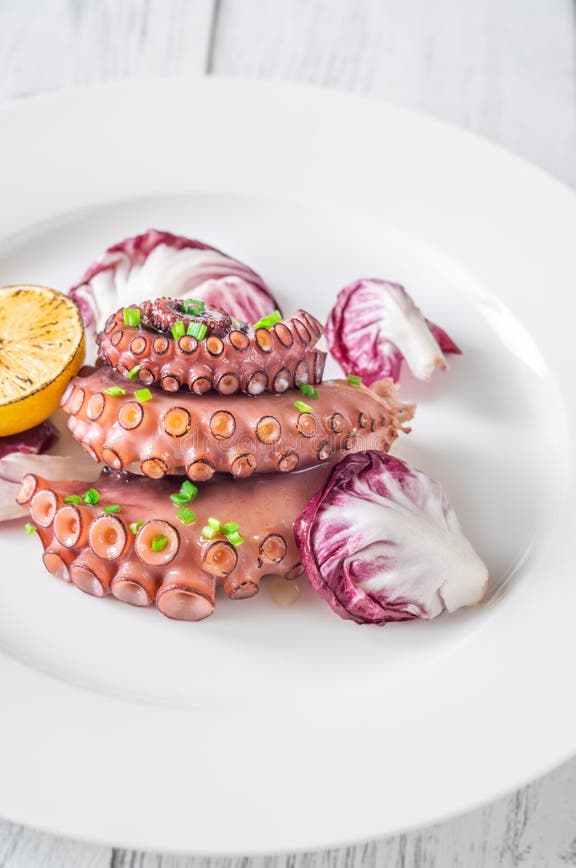 Grilled Octopus with lemon stock image. Image of olive - 341955491