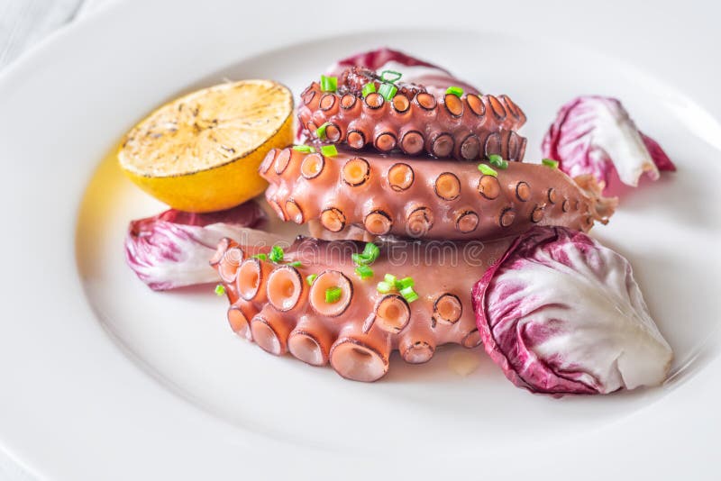 Grilled Octopus with lemon stock image. Image of steamed - 341955535