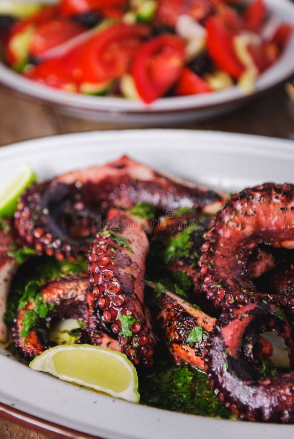 Marinated Grilled Octopus Taverna Greek Islands Stock Photo - Image of ...