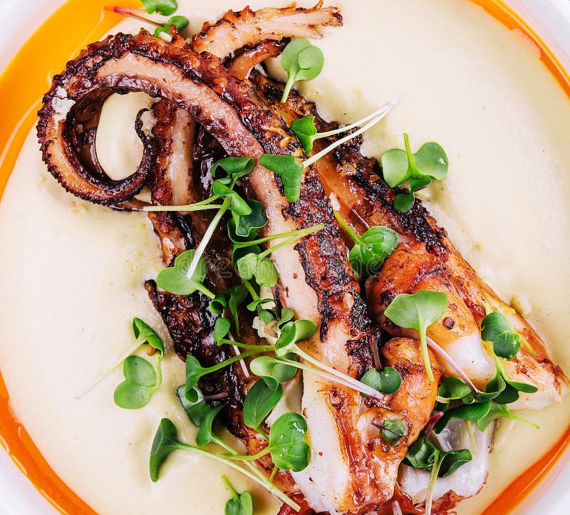 Grilled Octopus with Potato Cream Soup Stock Image - Image of cuisine ...
