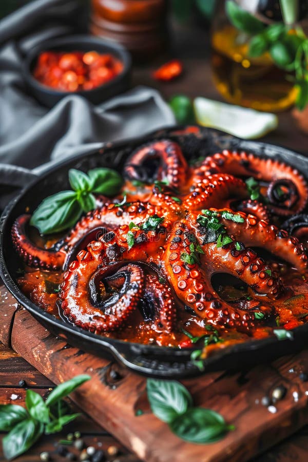 Grilled Octopus in Spicy Sauce. AI Generated. Stock Image - Image of ...