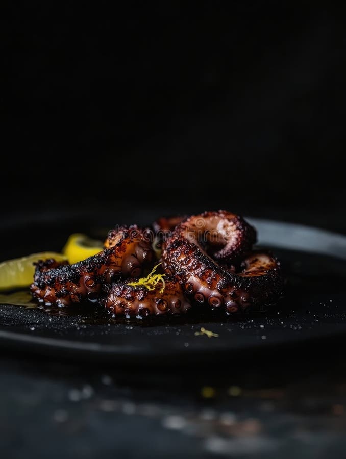 Grilled Octopus Served on a Black Plate with Lemon and Seasoning Stock ...