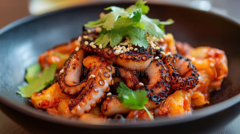 Grilled Octopus Served with Fresh Herbs and Sesame on a Dark Plate in a ...