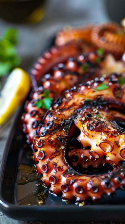Grilled Octopus Served with Fresh Lemon and Herbs in a Rustic Dining ...