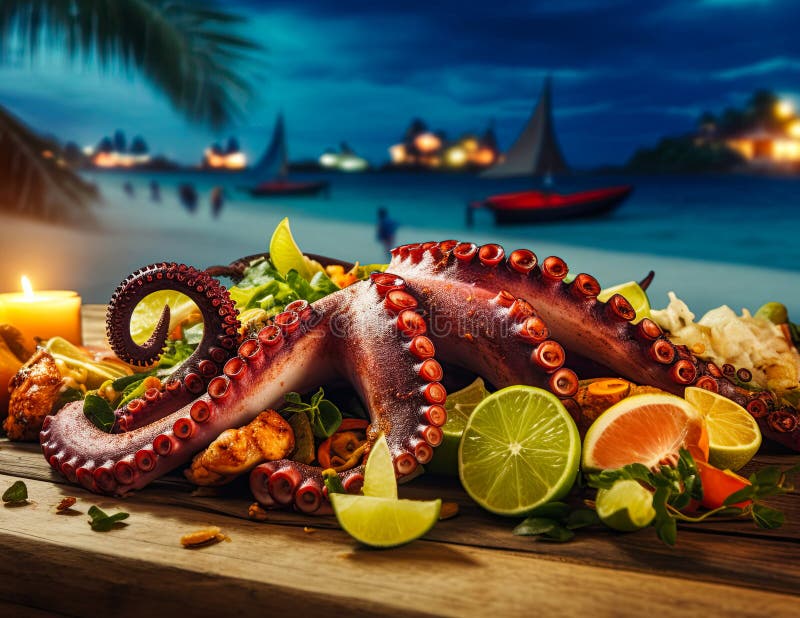 Grilled Octopus Served in the Restaurant for Dinner at Tropical Island ...