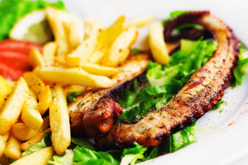 Grilled Octopus with a Side of French Fries Stock Image - Image of ...
