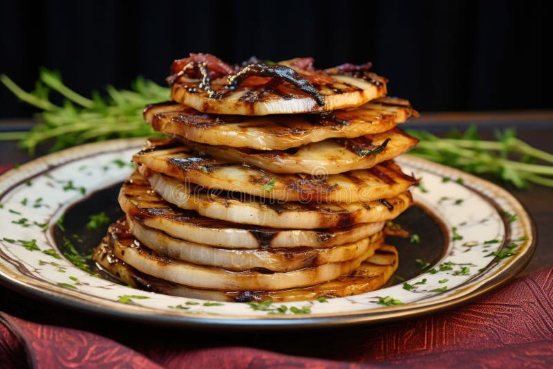 Grilled Onion Slices Stacked on a Ceramic Plate, Side View Stock Photo ...