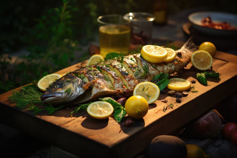 Grilled Organic Fish with Lemon and Different Herbs Stock Illustration ...
