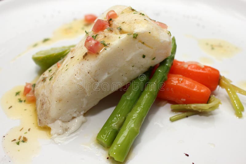 Grilled Pangasius Fish Steak, on a White Plate Stock Photo - Image of ...