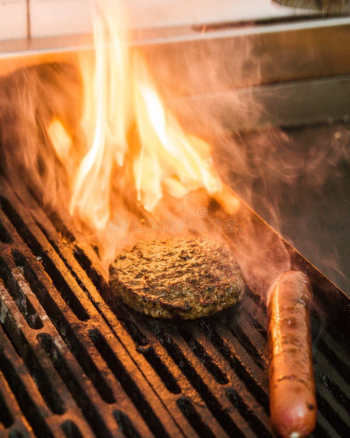 Grilled Patty Light on Fire Stock Photo - Image of burn, barbecue ...