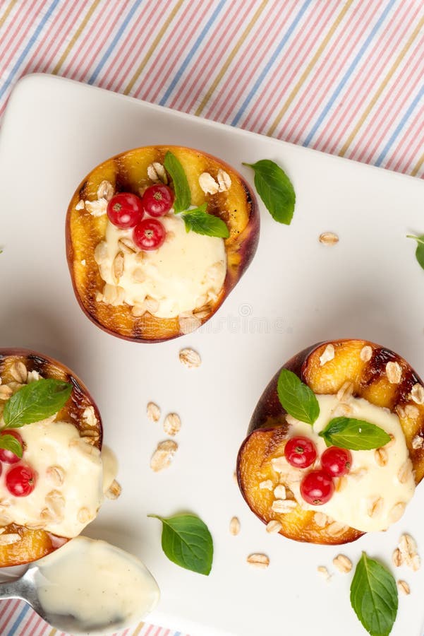 Grilled peaches dessert. Freshness, flavored. - Stock Image - Everypixel