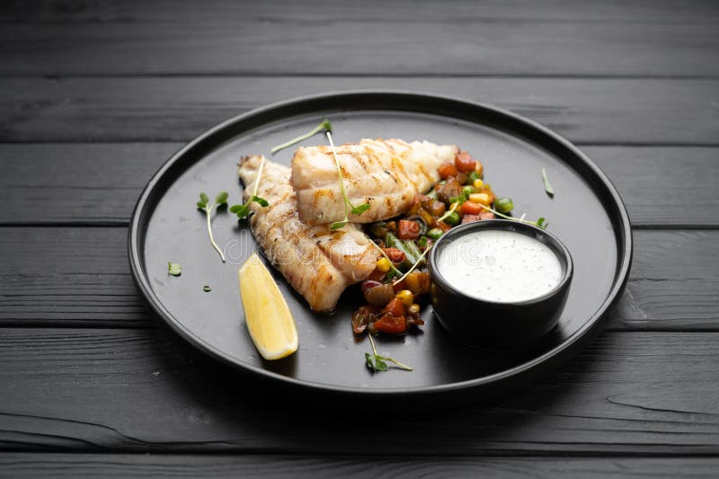 Grilled Perch Fish Fillet Served on a Black Plate with Vegetables and ...