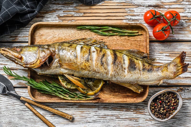 Raw Pike Perch, Pikeperch Fish on a Cutting Board. Fresh Fish. White ...