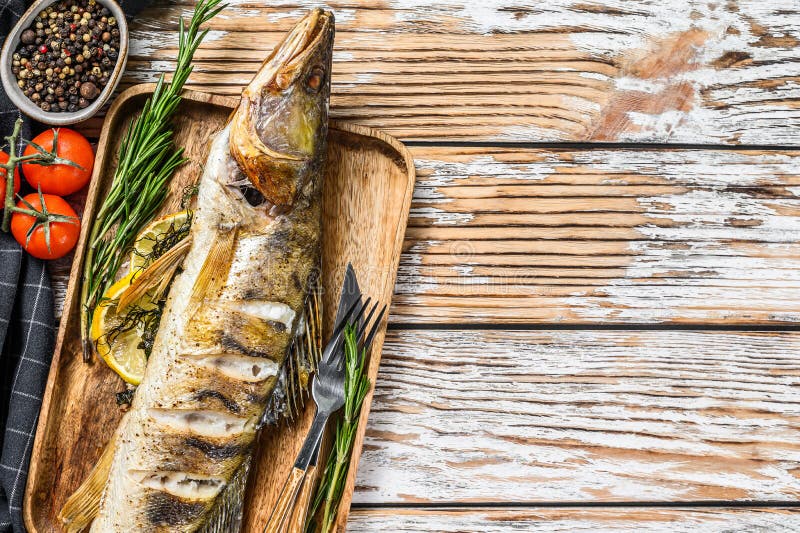 Grilled Pike Perch, Pikeperch Fish. White Wooden Background. Top View ...