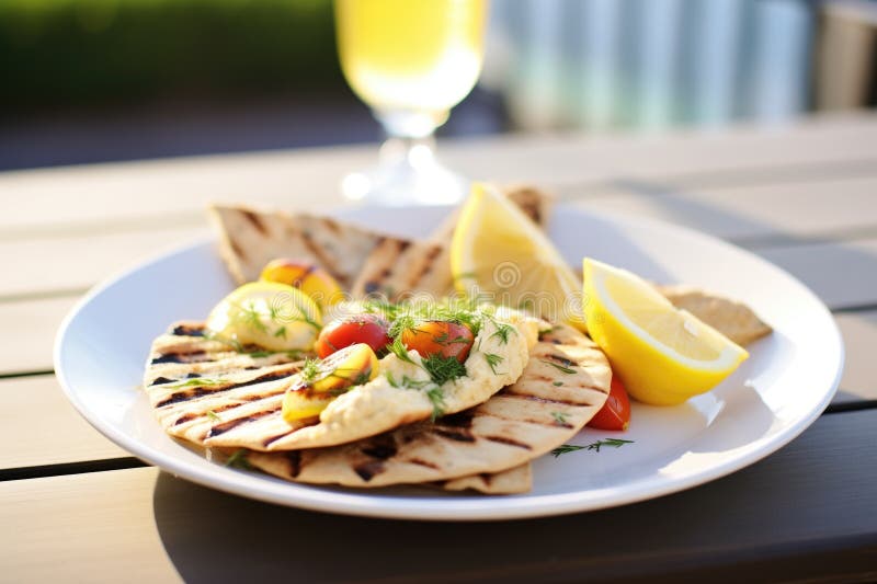 Grilled Pita Bread with Hummus and Lemon Wedges on Plate Stock Photo ...