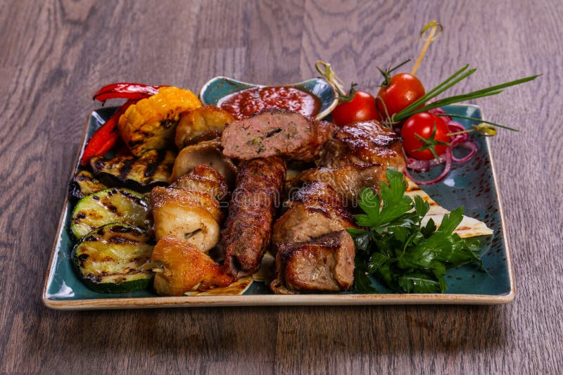 Grilled plate mix stock image. Image of seafood, dinner - 114879013