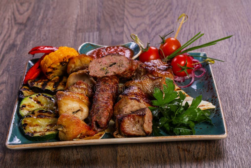 Grilled plate mix stock image. Image of sauce, beef - 121489949