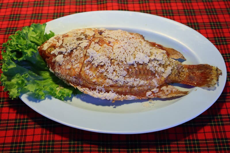 Grilled Pomegranate Fish, Salt, Put Herbs on a Plate Stock Image ...