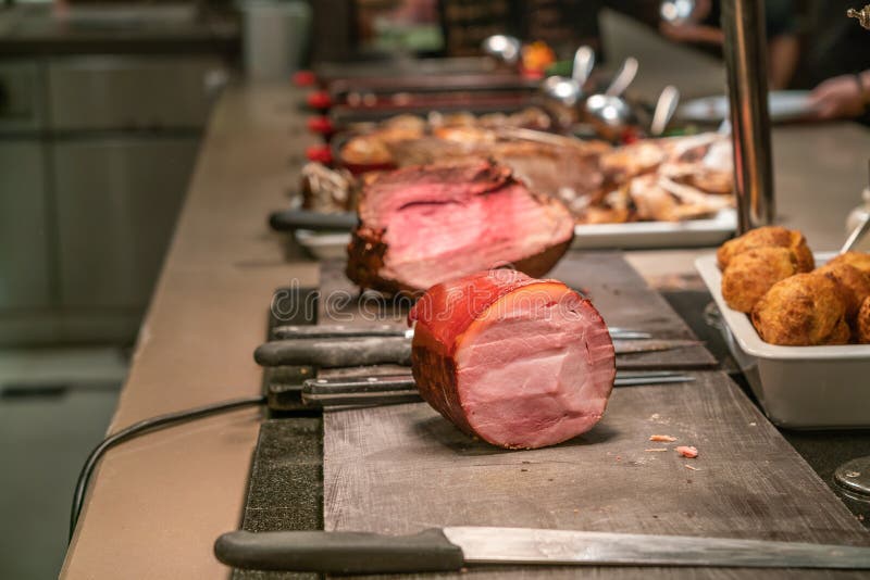 Grilled Pork and Beef Steak in the Buffet Stock Photo - Image of ...